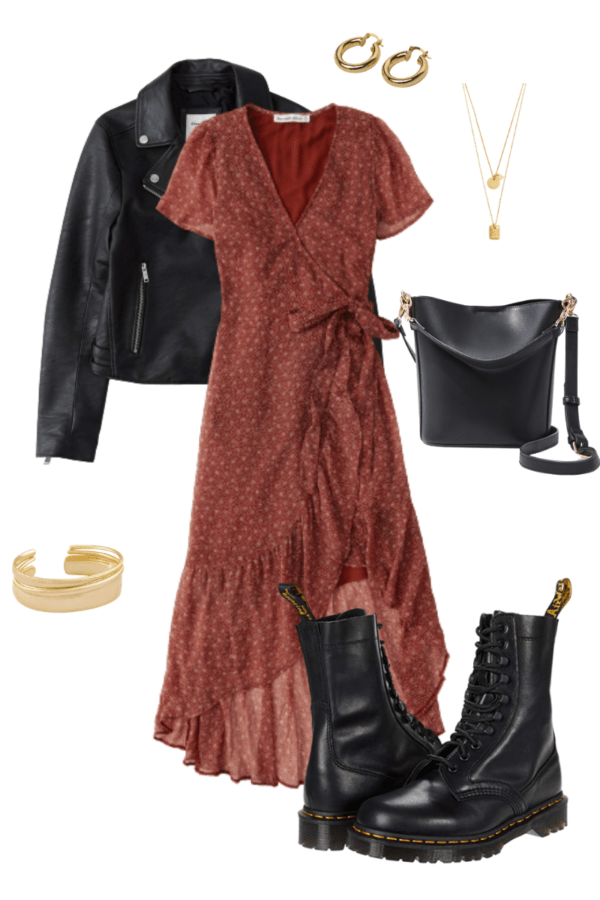 Leather Jacket & Patterned Dress Outfit Combinations