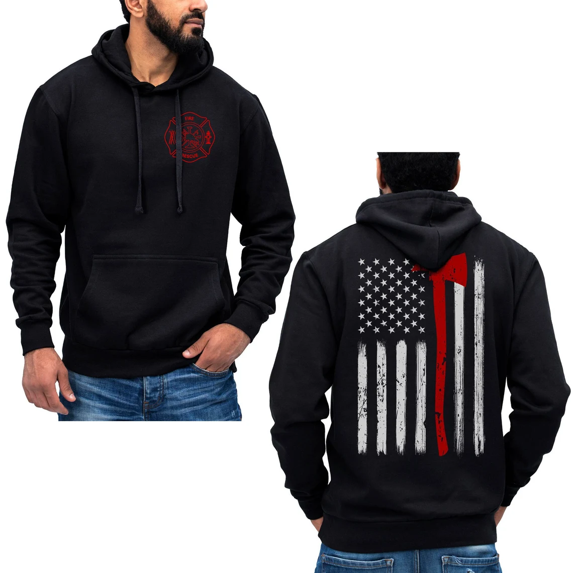 Thin Red Line Flag Axe Design USA Firefighter Hoodie